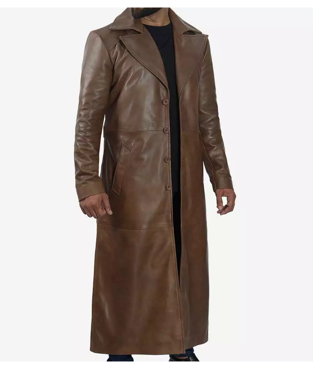 Men's Brown Full Length Leather Coat - Duster Coat - Jackethit